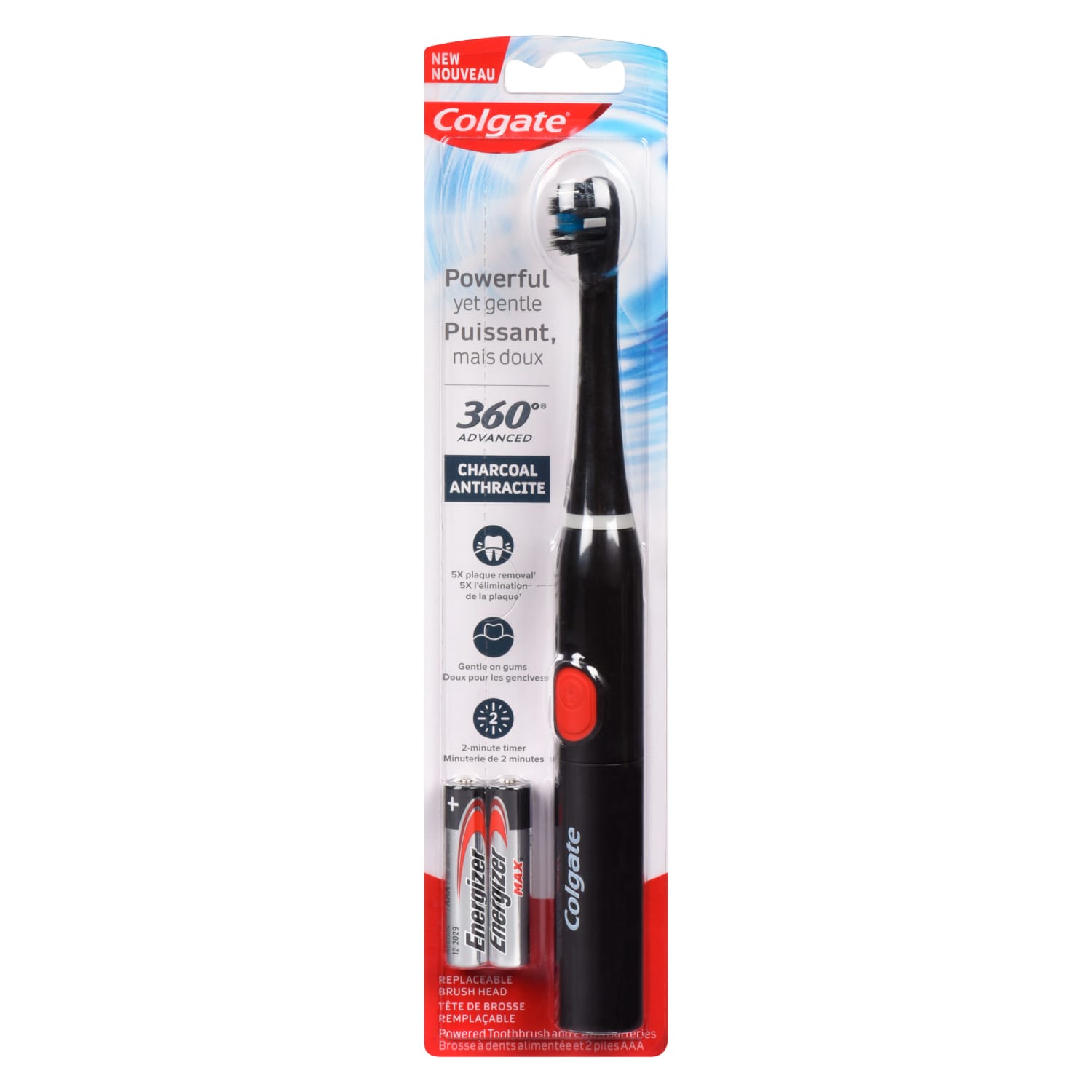 Colgate 360° Advanced Powered Toothbrush and 2 AAA Batteries Charcoal ...